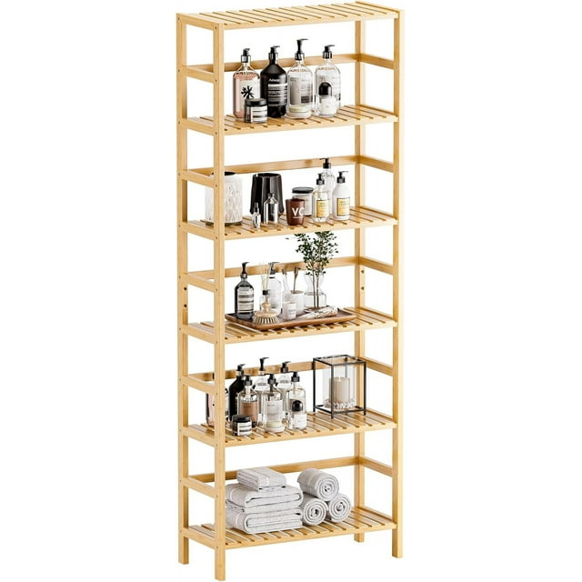 Bookcase, Bamboo Bookshelf, 6-Tier Adjustable Tall Open Book Shelf ...