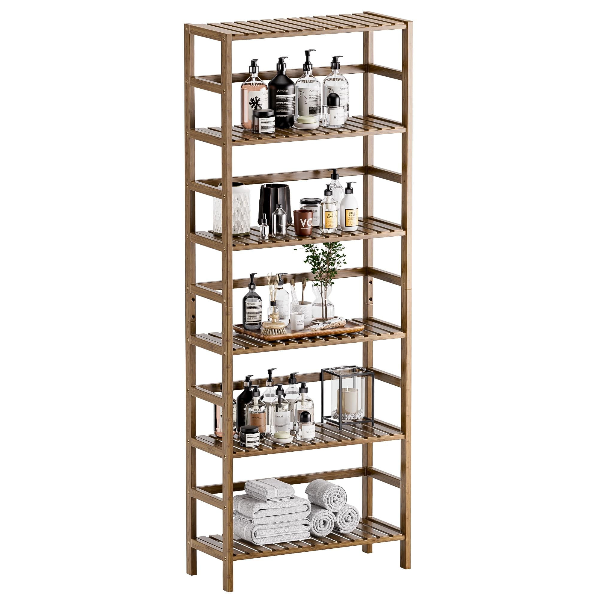 Bookcase, Bamboo Bookshelf, 6-Tier Adjustable Tall Open Book Shelf ...