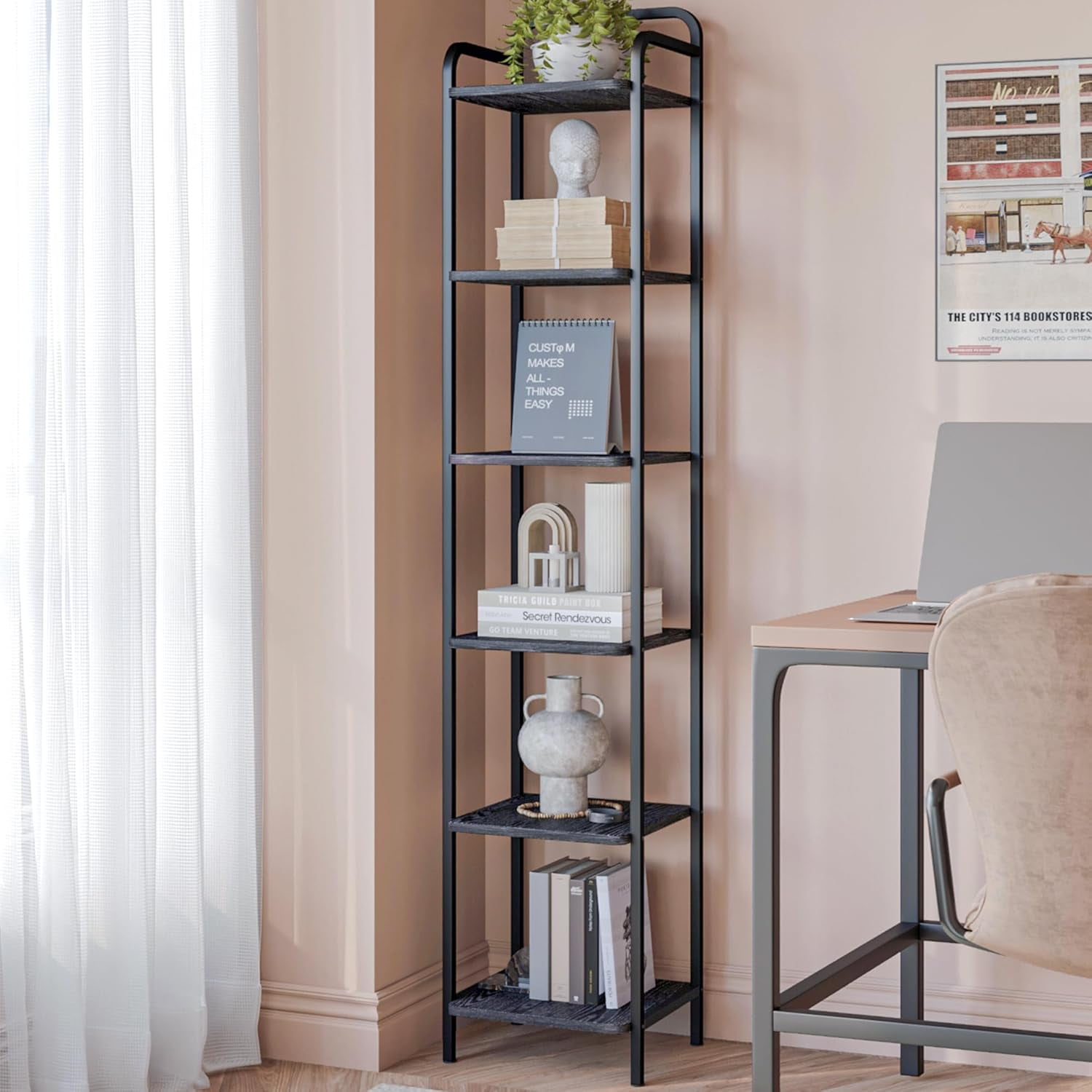 Bookcase Bookshelf, Narrow Book Shelf, Industrial Corner Shelf Storage ...