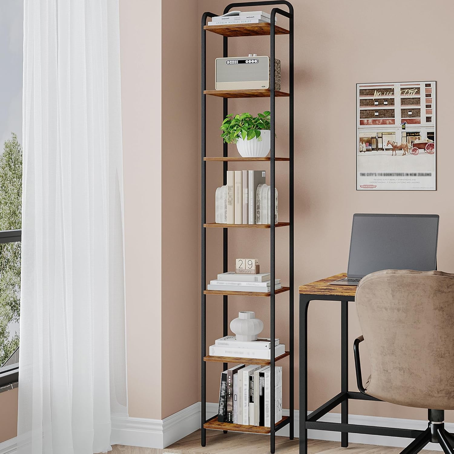 Bookcase Bookshelf, Narrow Book Shelf, Industrial Corner Shelf Storage ...