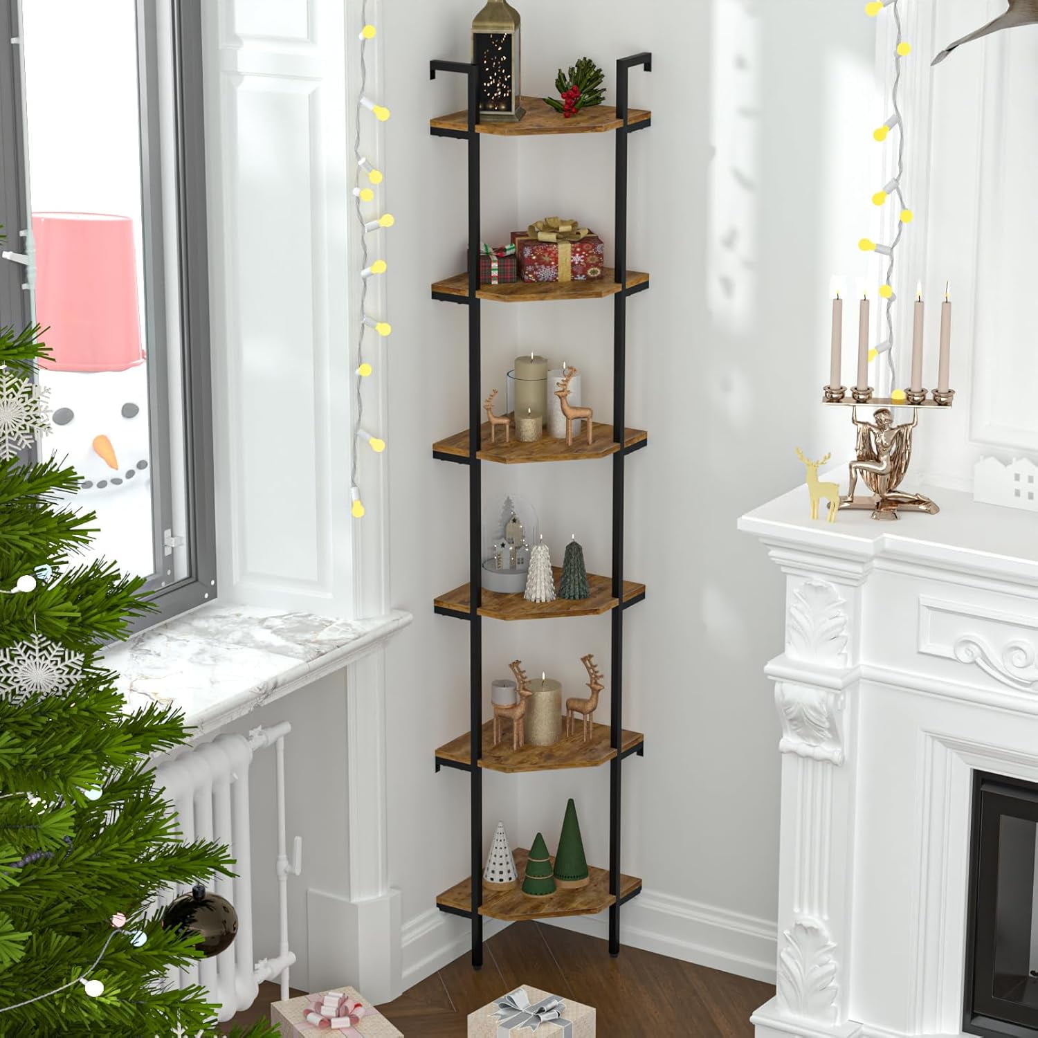 Bookcase Brown Bookshelf Wall Mounted Corner Shelf, 6 Tier Plant Stand ...