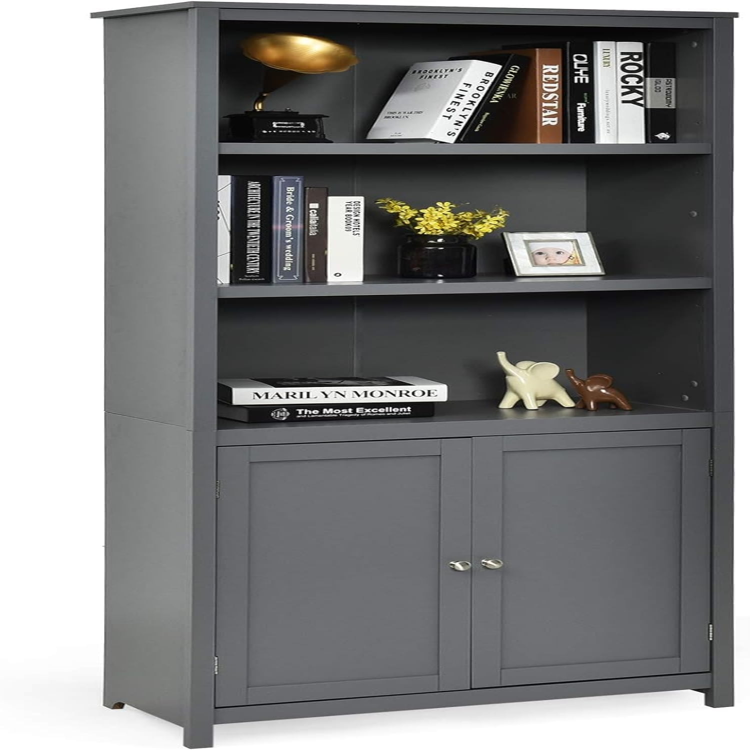 Bookcase with Doors 3 Tier Open Book Shelving Standing Wooden Display ...