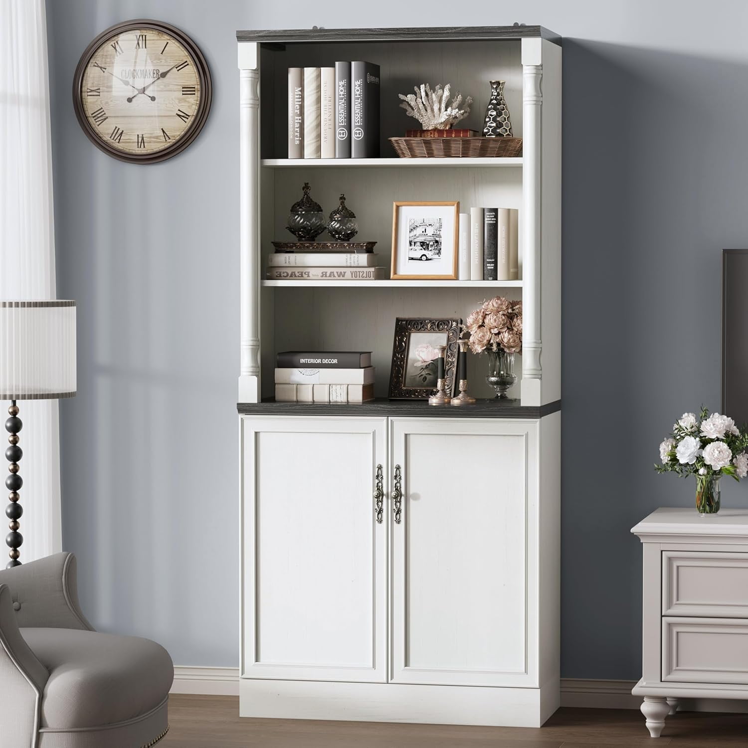 Bookcase with Doors, 71 inch Tall Bookshelf with Storage Cabinet, Floor ...