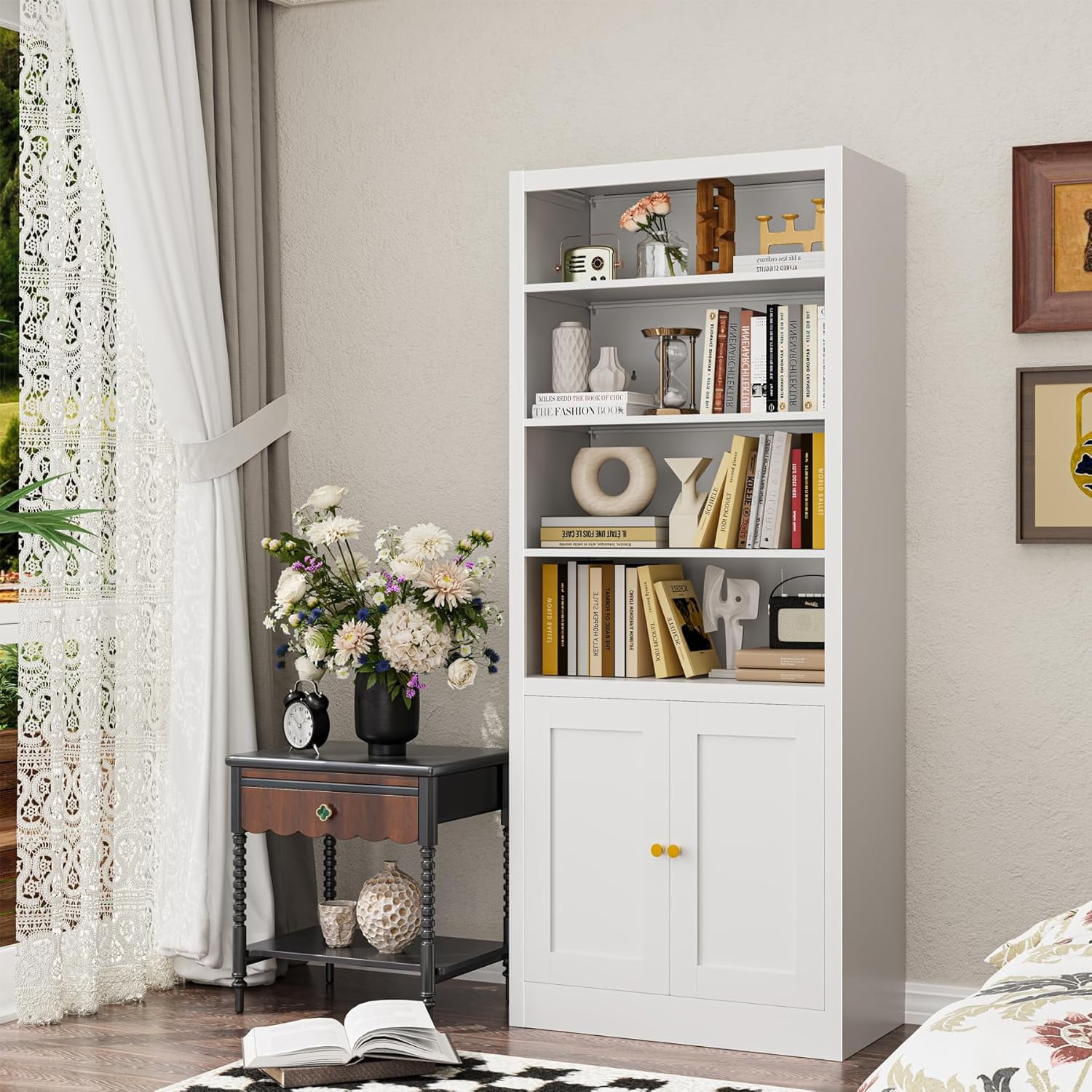 Bookcase with Doors and Adjustable Shelves, 55" Tall Metal 5-Tier ...