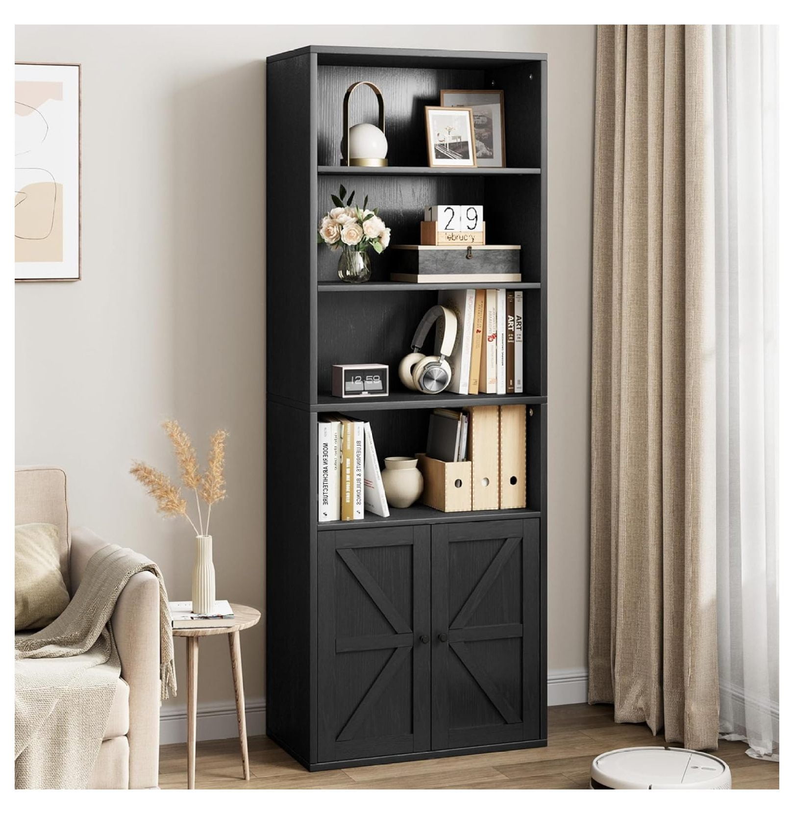 Bookcase with Doors Industrial Bookshelf 11.8in Depth Display Storage ...