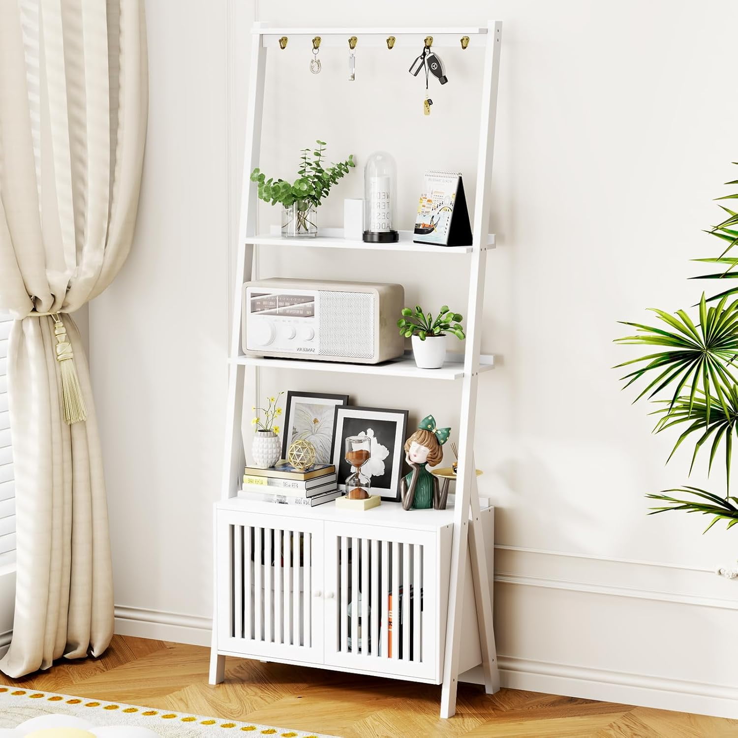 Bookcase with Drawers, 4-Tier Bamboo Bookshelf Ladder Shelf with 6 ...