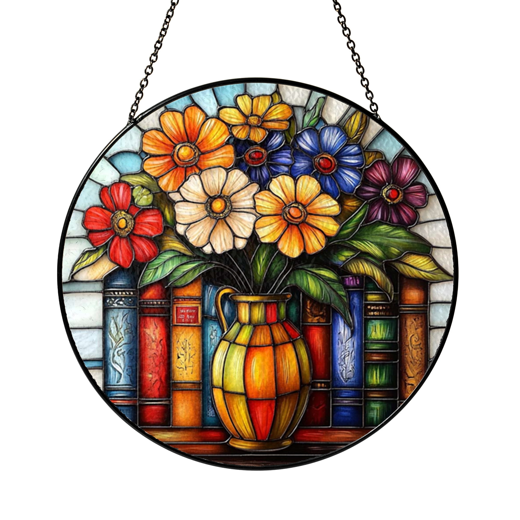 Bookcase Floral Scene Suncatcher – Stained Glass Style Window Decor ...