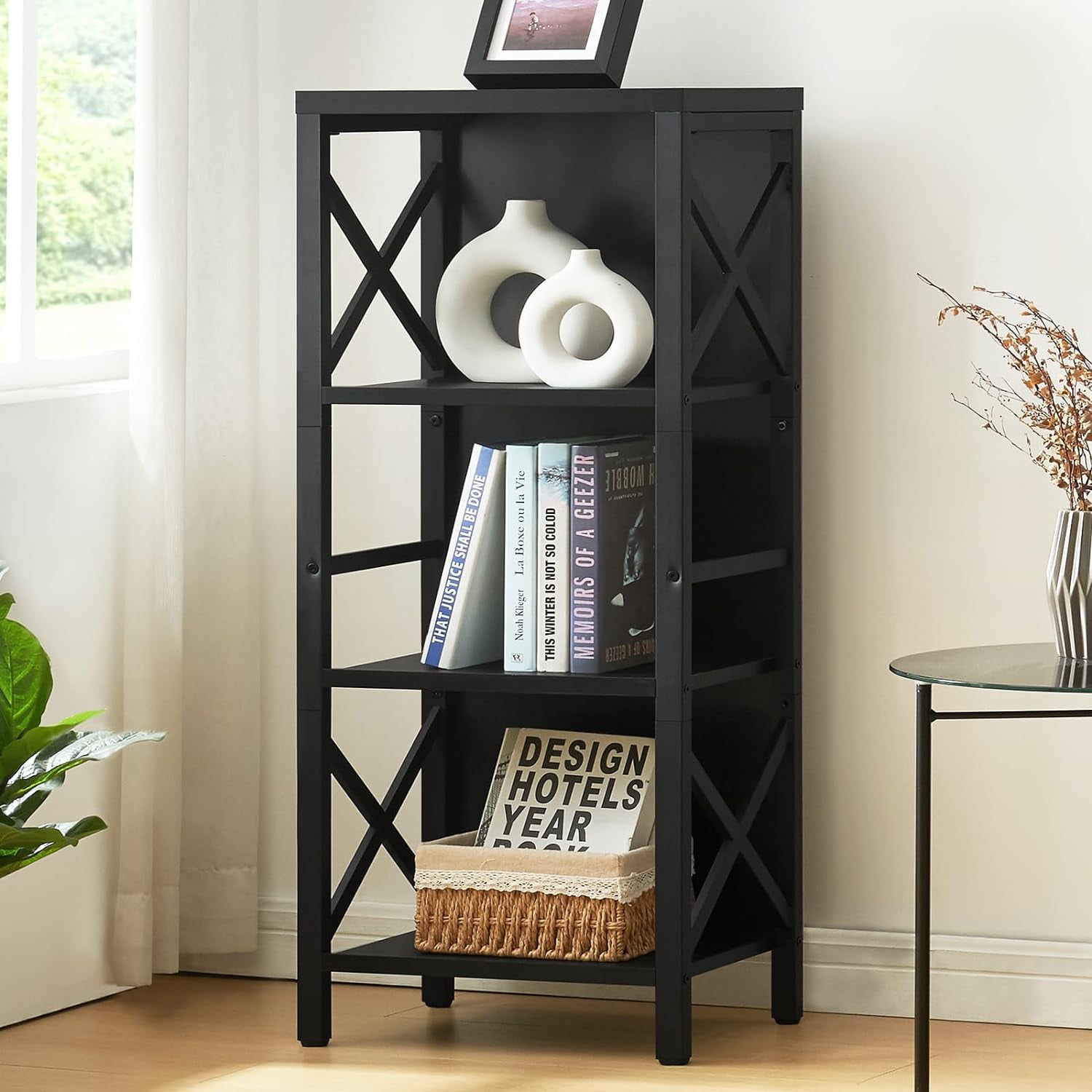 Bookcase, Industrial 4 Tier Bookshelf,Narrow Bookcase with Rustic Wood ...
