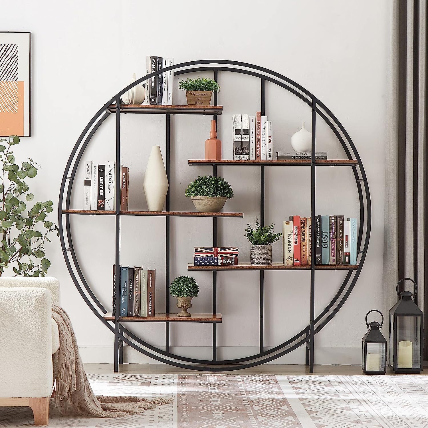 Bookcase Round 5 Tier Bookshelf Open Freestanding Storage Shelf Metal ...