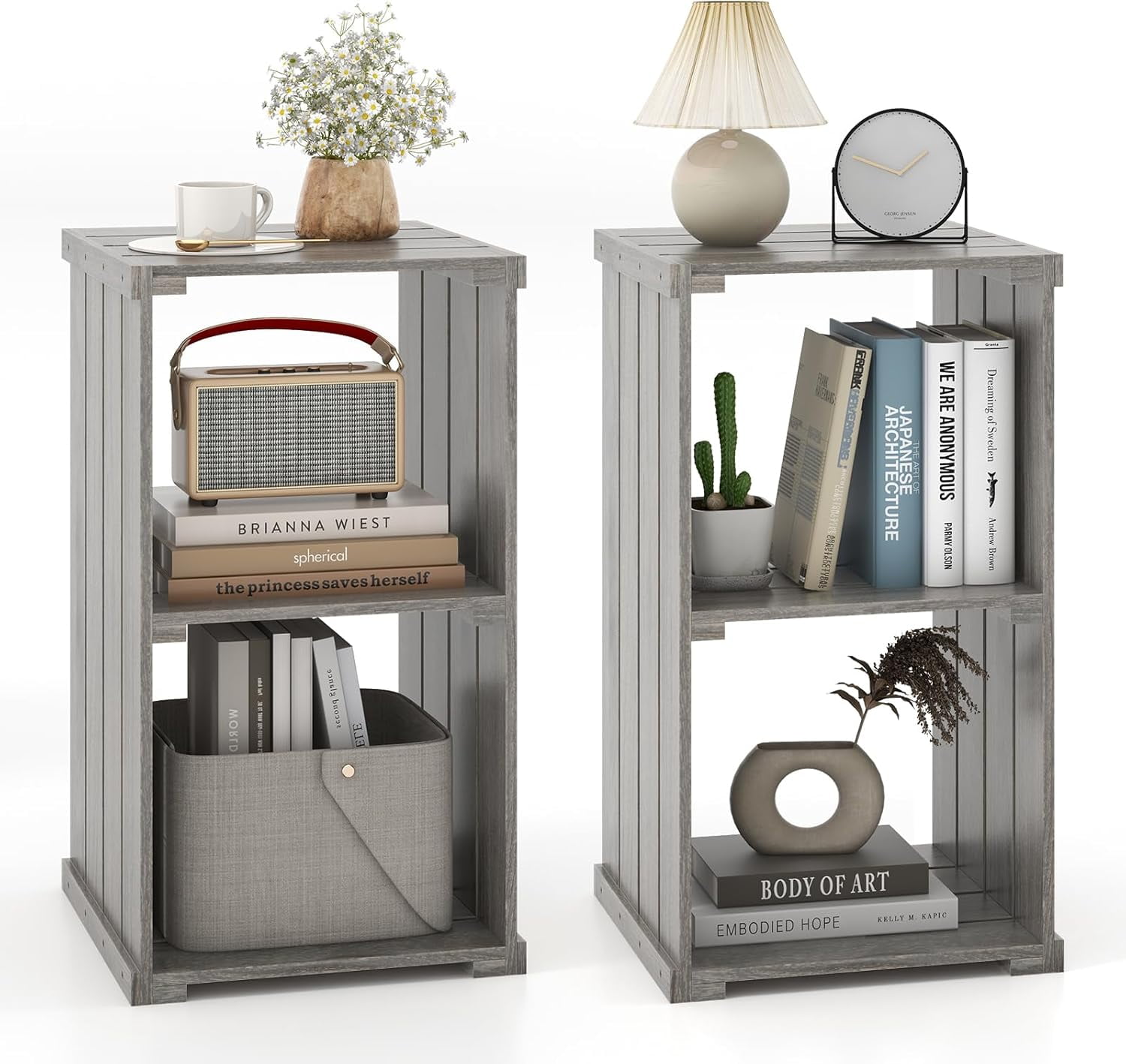 Bookcase Set of 2, 3-Tier Paulownia Wood Cubic Organizer w/Open Back ...