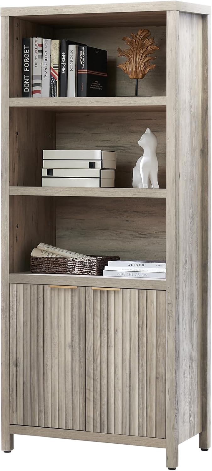 Bookcase, Tall Bookshelf with Doors Cabinet 15.4in Depth, 5 Tier Book ...