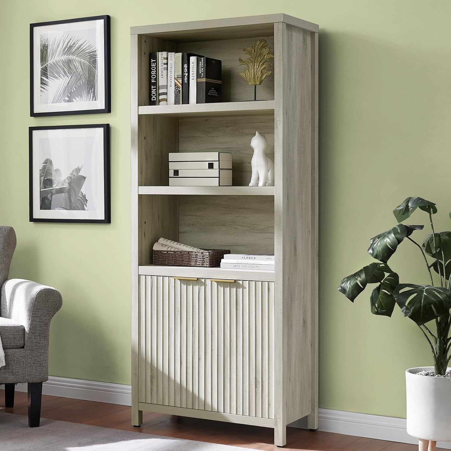 Bookcase, Tall Bookshelf with Doors Cabinet 15.4in Depth, 5 Tier Book ...
