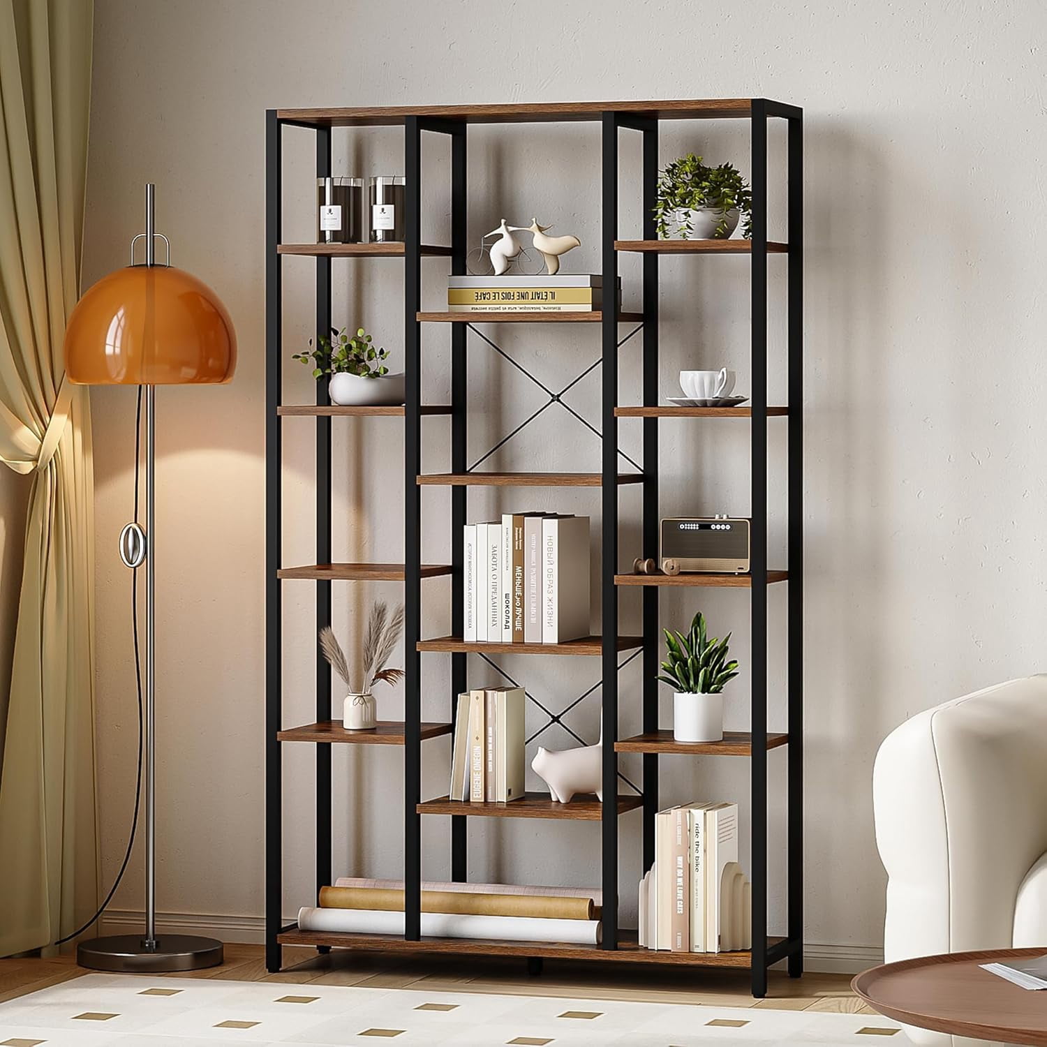 Bookcase, Triple 6-Tiers Tall Bookshelf, Open Storage Shelves with 15 ...
