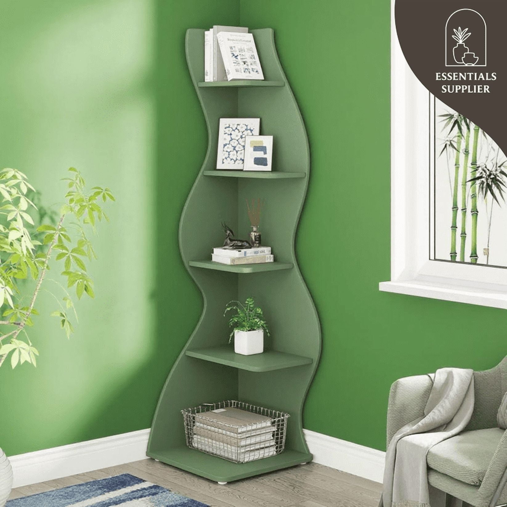 Bookcase Wavy 5-Tier Green Corner Bookshelf – Modern Sculpted Storage ...