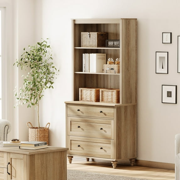 3 Tier Bookshelf with 3 Drawers, 72" Tall Bookcase Large Farmhouse ...