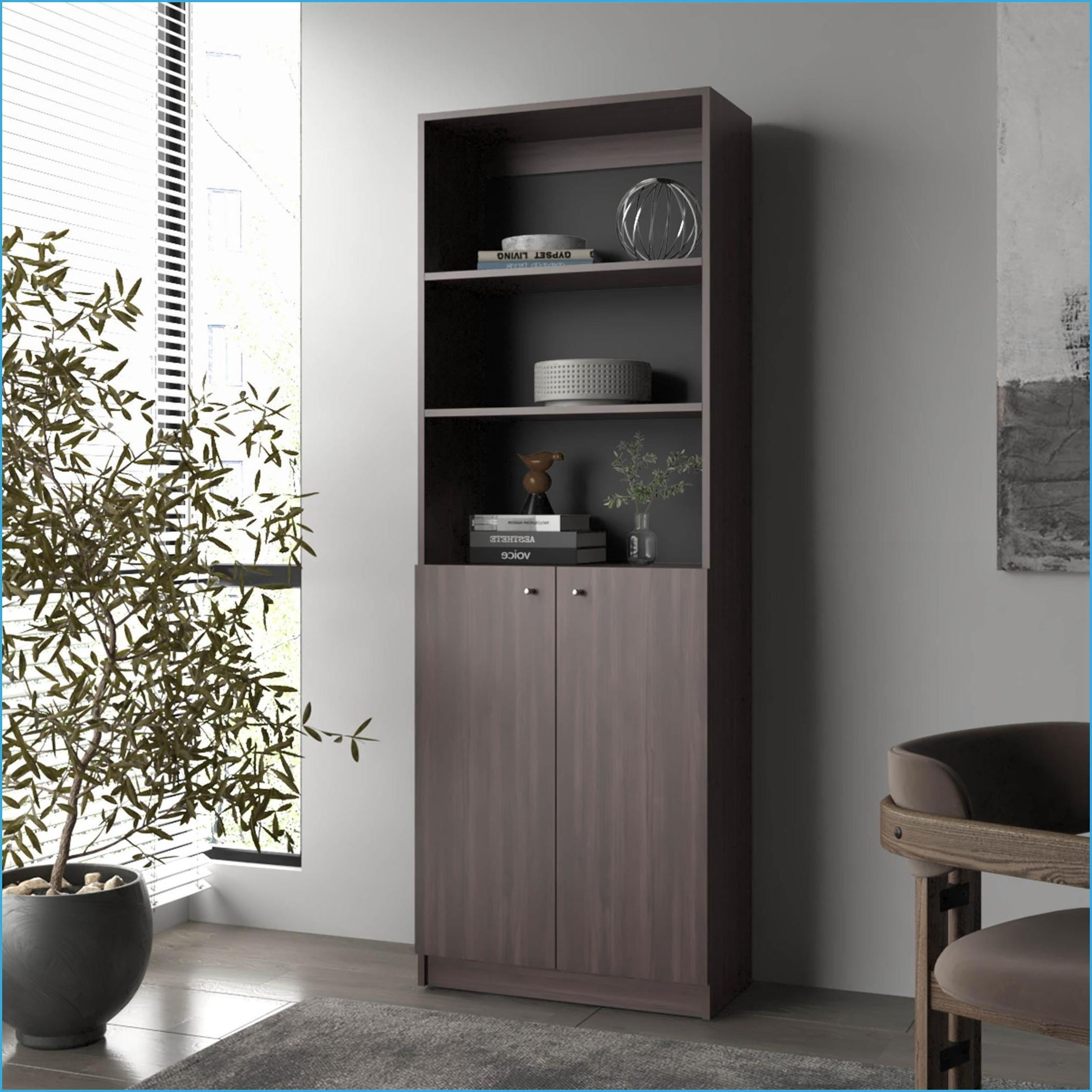 Bookcase with 3-Tier Open Shelves & 2 Doors, Walnut Brown | Particle ...