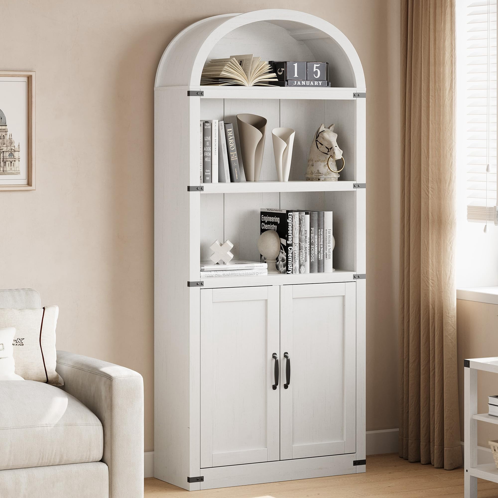 Bookcase with Doors Arched Bookshelf 71.65in Tall Bookcase Farmhouse ...