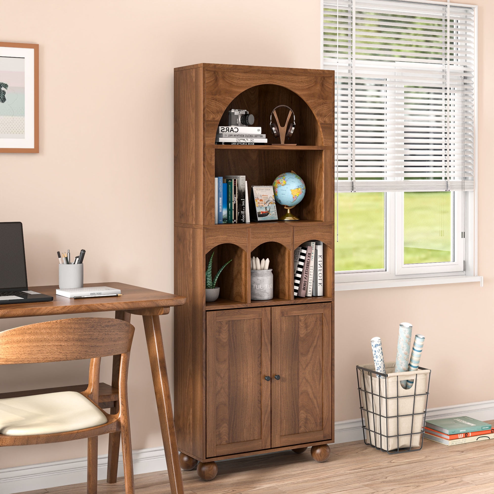 Bookcase with Doors Arched, Tall Bookcase Storage, 5-Tier Bookcase with ...
