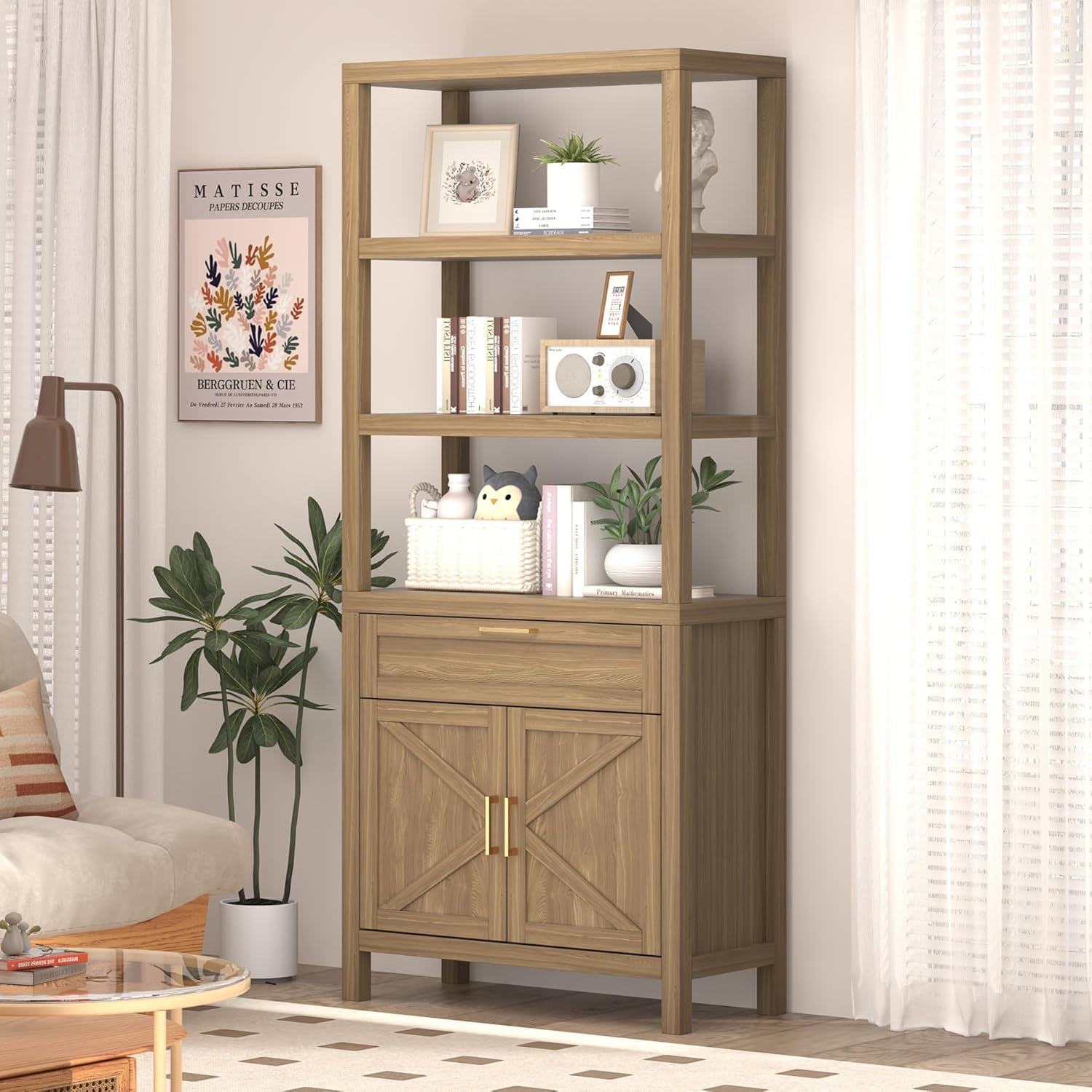 Bookcase with Drawers, 5-Tier Bookshelf with Doors and Adjustable Shelf ...