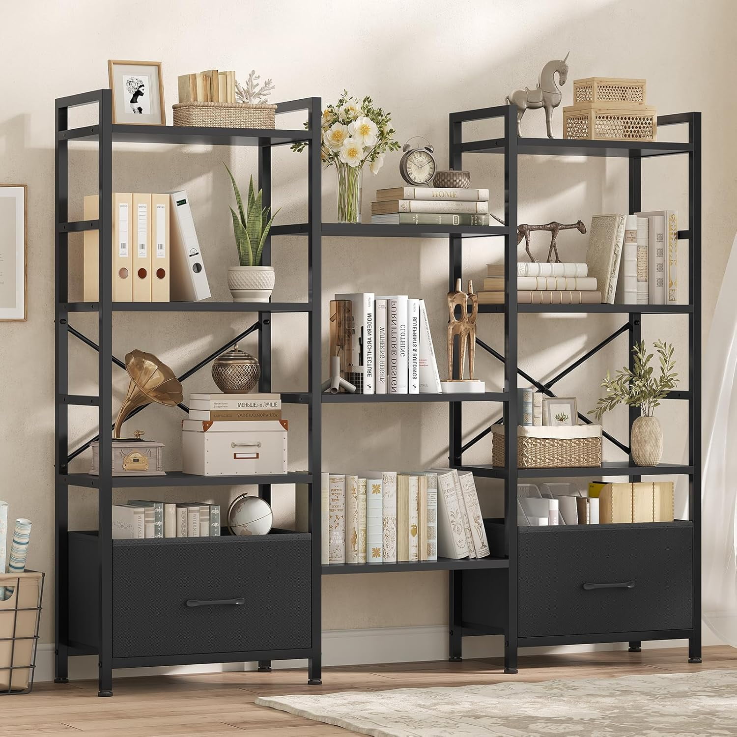 Bookcases and Bookshelves, Triple Wide 4 Tiers Bookshelf with 9 Open ...