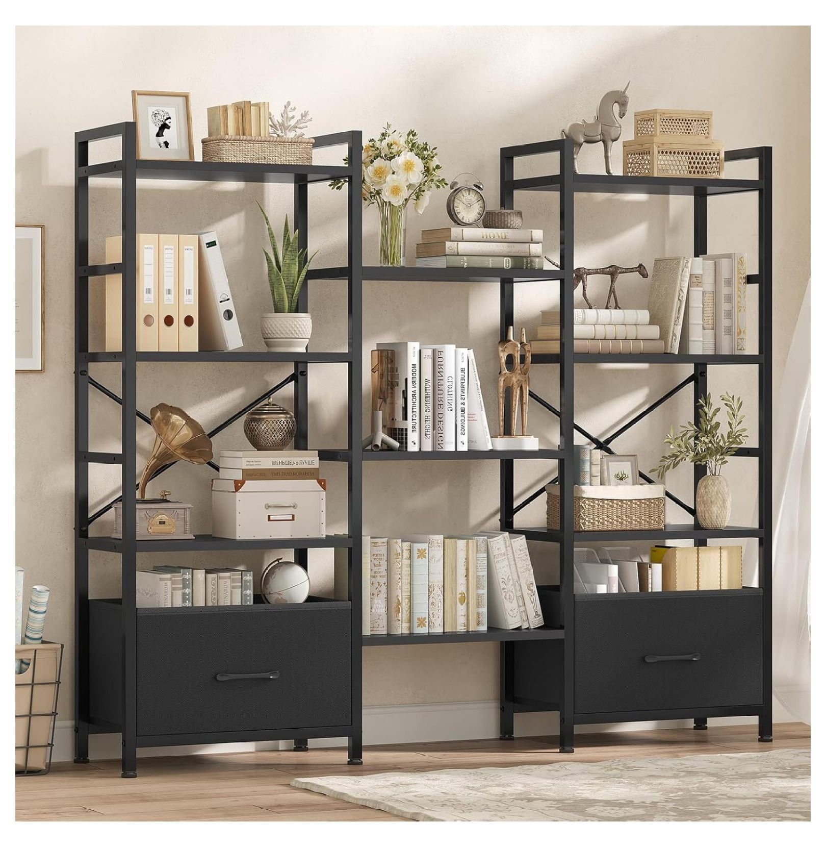 Bookcases and Bookshelves, Triple Wide 4 Tiers Bookshelf with 9 Open ...