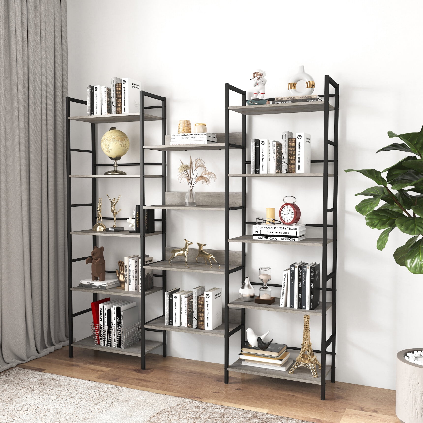 Bookcases and Bookshelves, Triple Wide 5 Tiers Industrial Bookshelf ...