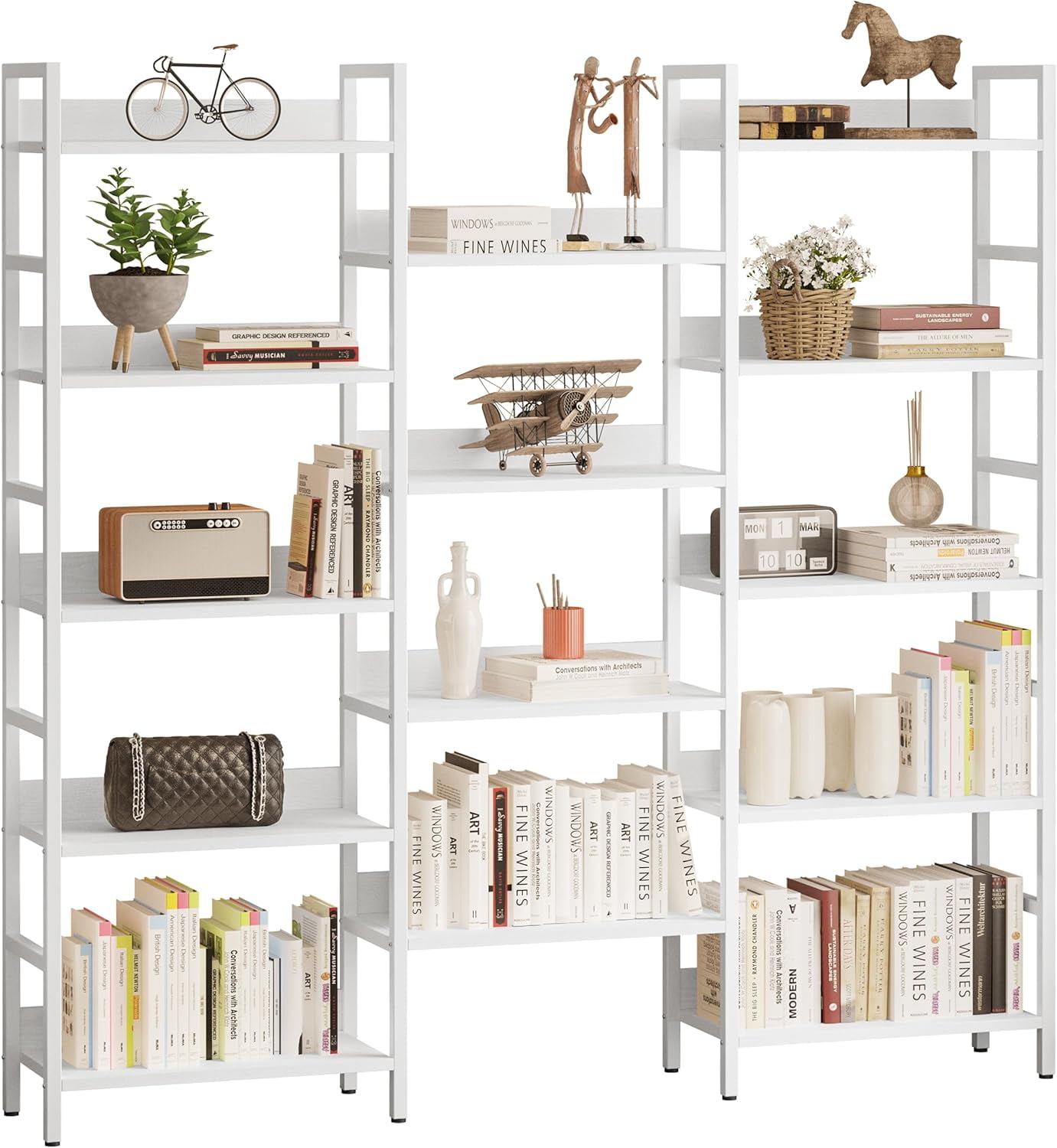 Bookcases and Bookshelves Triple Wide 5 Tiers Industrial Bookshelf with ...