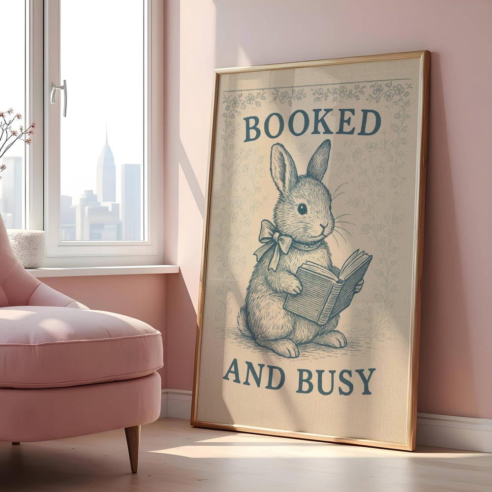 Booked And Busy Bunny Wall Art Cute Reading Rabbit Print Vintage Animal ...