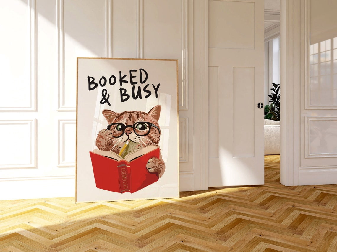 Booked And Busy Reading Wall Art Cat Library Trendy Retro Classroom ...