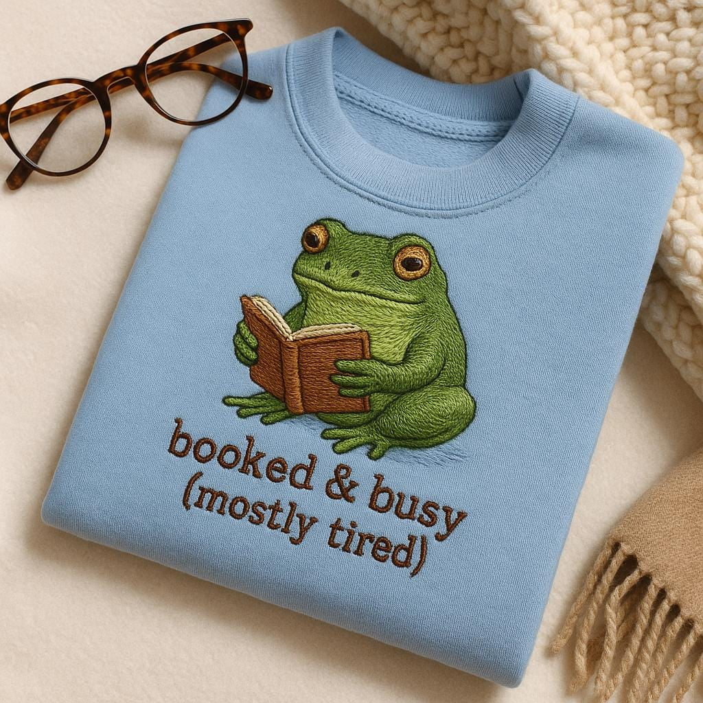 Booked & Busy Frog Sweatshirt, Embroidered Reading Toad Shirt, Funny ...