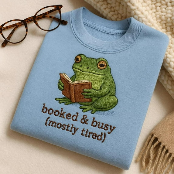 Booked & Busy Frog Sweatshirt, Embroidered Reading Toad Shirt, Funny ...