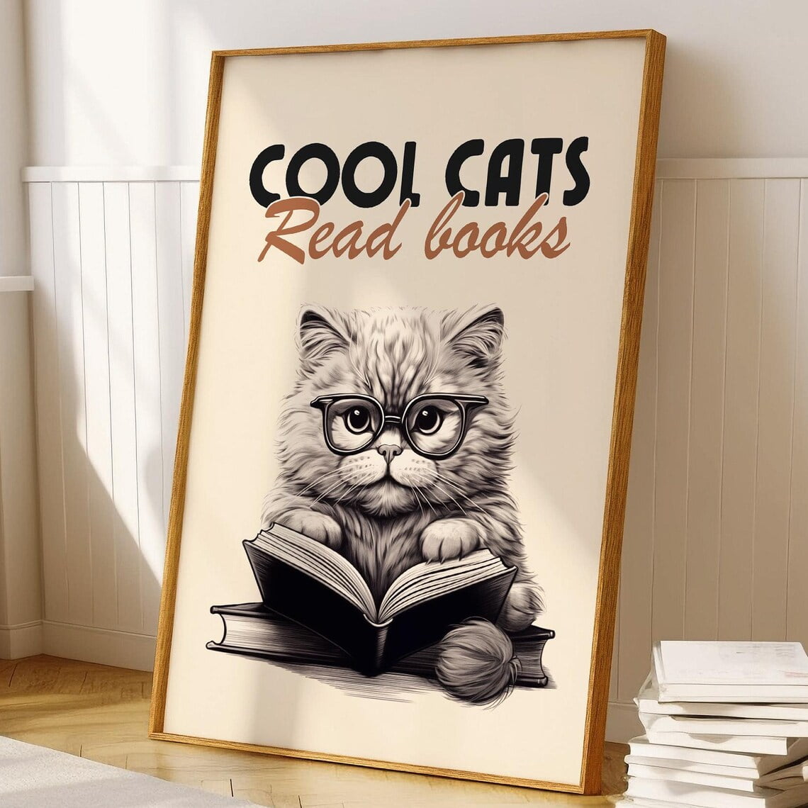 Booked And Busy Print, Cool Cats Read Books Poster, Retro Reading ...