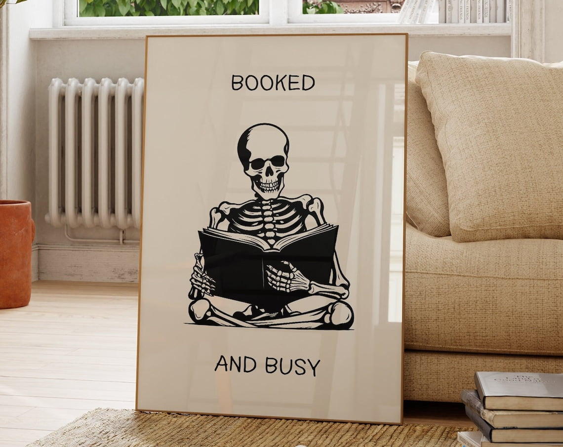 Booked And Busy Print, Skeleton Reading Poster, Retro Skeleton Print ...