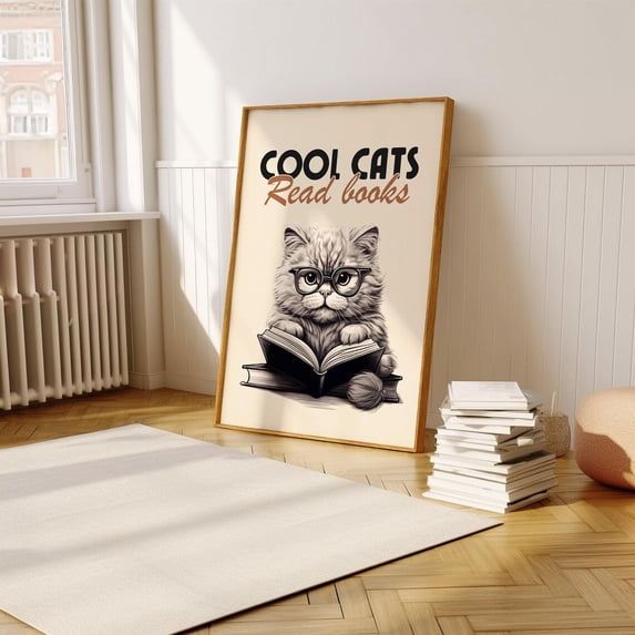 Booked and Busy Print Cool Cats Read Books Poster Retro Reading Corner ...