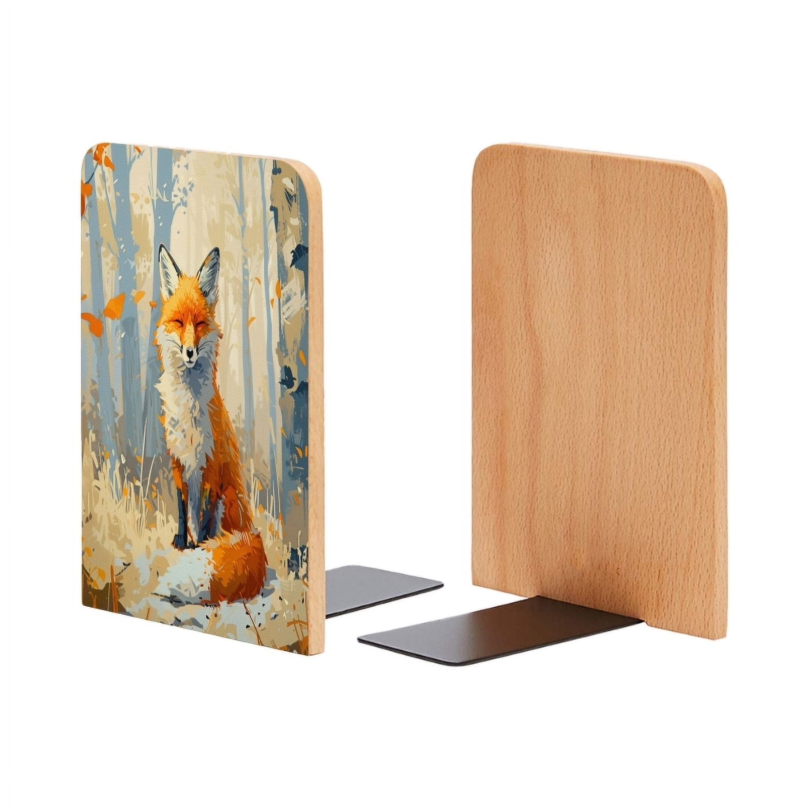 Bookends 1 Pair Non-Skid Bookend Wood Bookends for Shelves Book Stand for CDs - Cute Fox in The ...