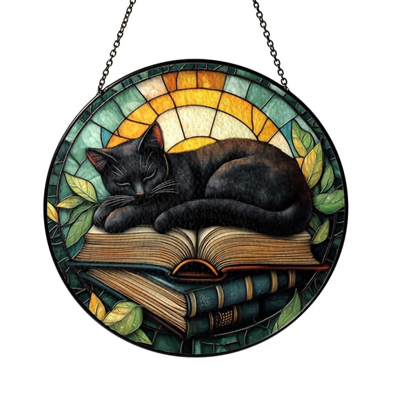 Bookish Black Cat Faux Stained Glass Suncatcher, Window Hanging Decor ...