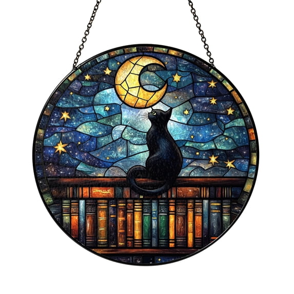 Bookish Cat Night Sky Window Sun Catcher, Bright Stained Glass Style ...