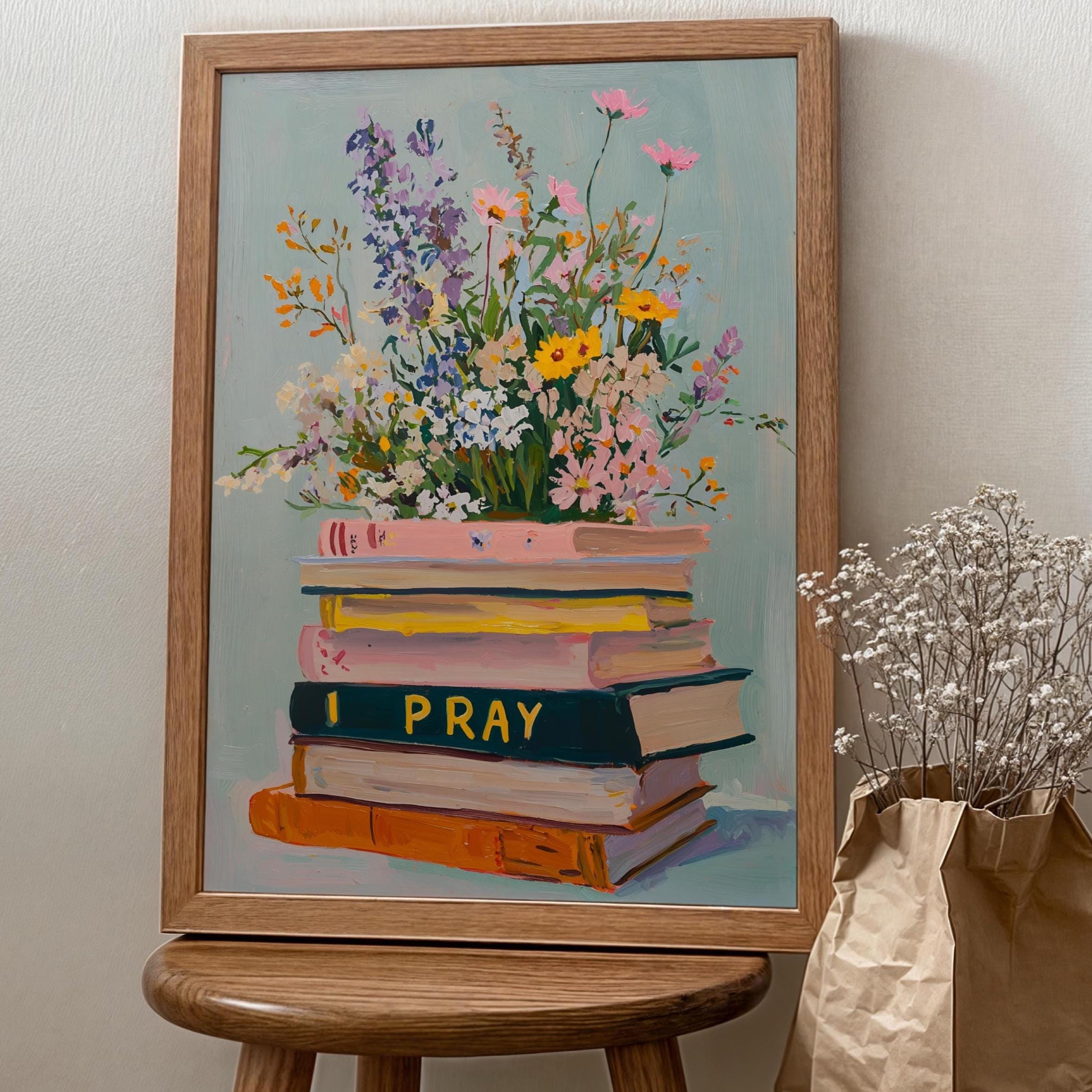 Bookish Christian Pray Wall Art Floral Bible Vertical Poster, Stack Of ...