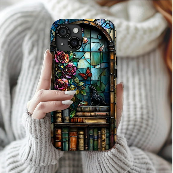 Bookish Dragon Fantasy Bookshelf Stained Glass Case for iPhone 17 16 15 ...
