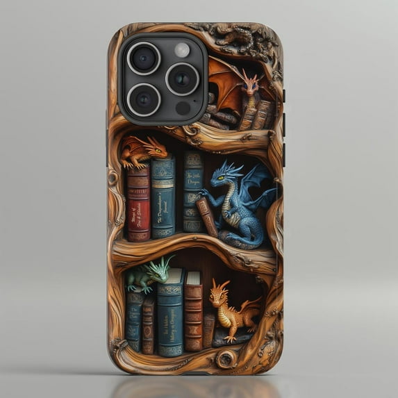 Bookish Dragon on Bookshelf 3D Wood Illusion Phone Case for 17 16 15 14 ...
