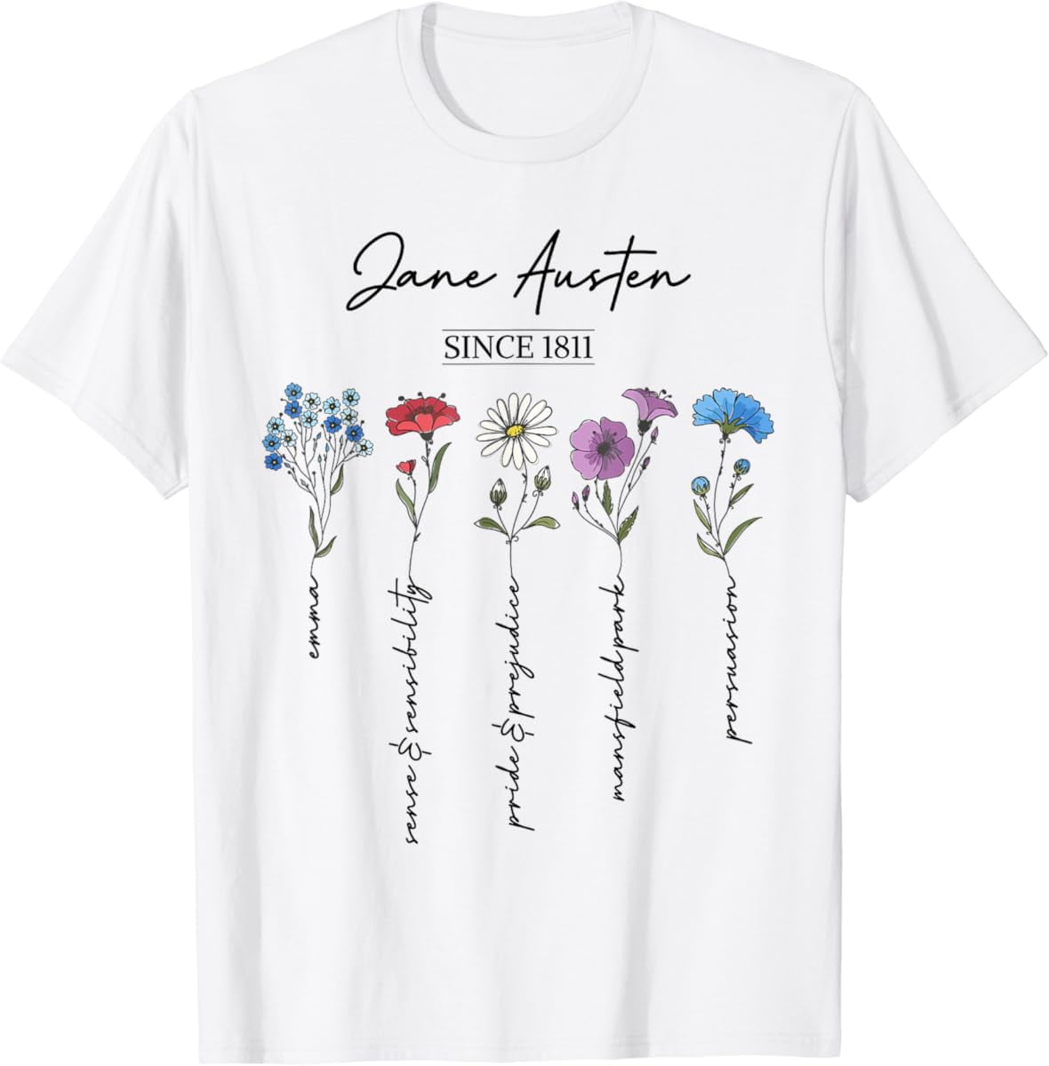 Bookish, Feminist, Jane Austen Fan Jane Austen Flower Books T-Shirt ...