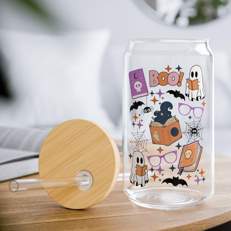 Bookish Ghost Glass Cup, Halloween Iced Coffee Cup, Ghost Reader Glass, Ghost Glass Cup, Spooky ...