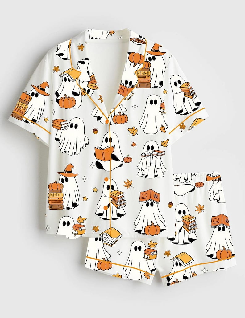 Bookish Ghost Pajama Set | Cute Halloween Reading Print Sleepwear ...