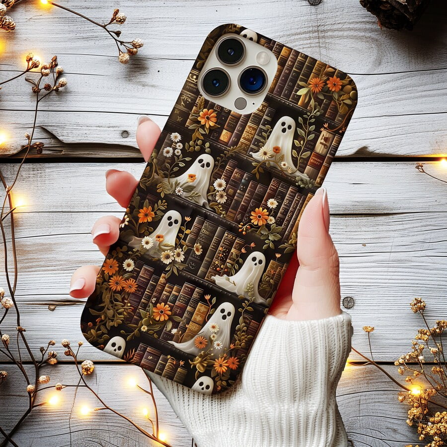 Bookish Halloween Ghost Library with Books and Flowers Phone Case with ...