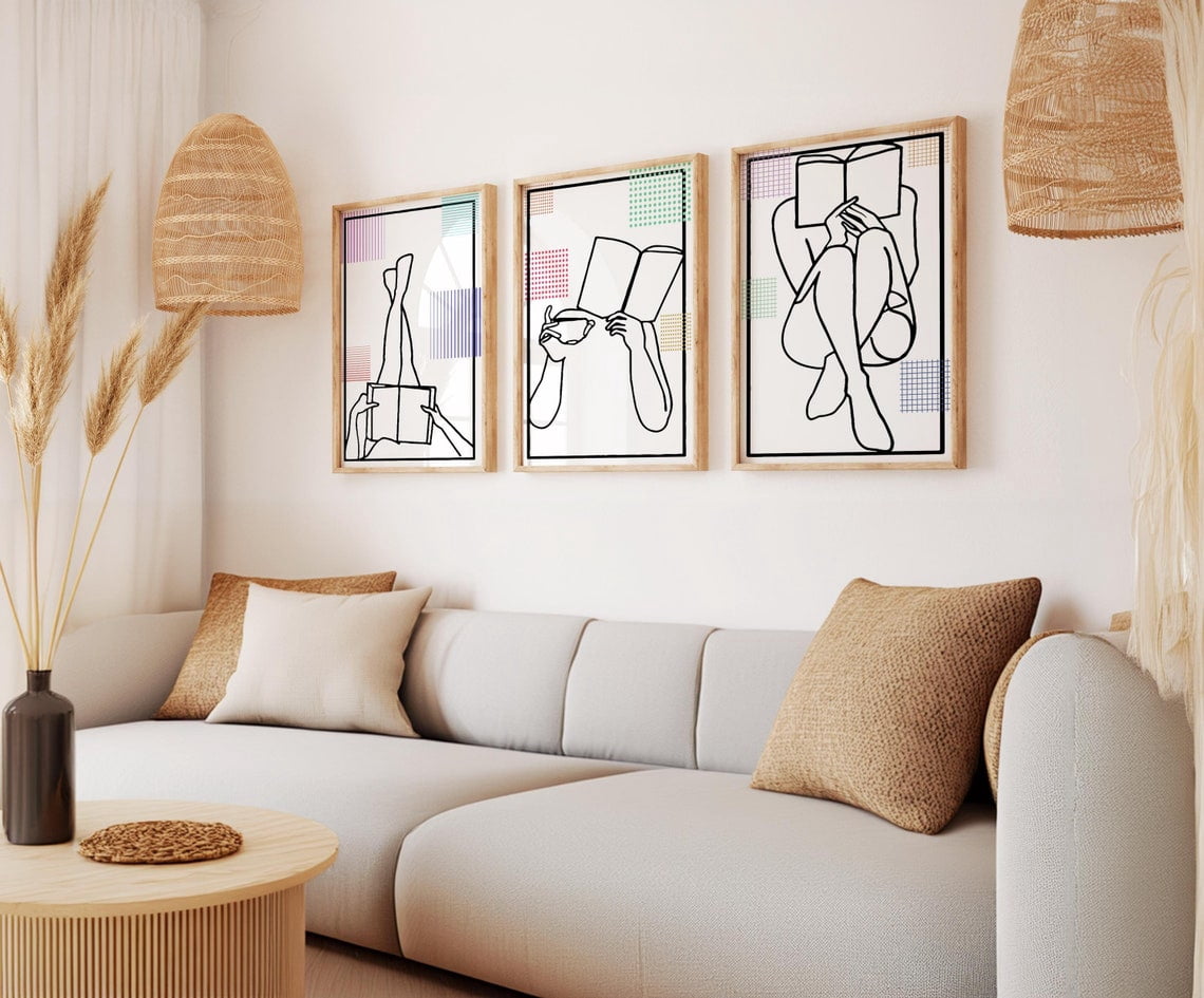 Bookish One Line Women Reading Minimalist Housewarming Decor Set 3 ...