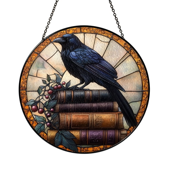 Bookish Raven Stained Glass Window Art with Gothic Book Stack ...