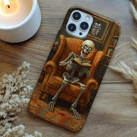 Bookish Skeleton Reading Graphic Phone Case for iPhone 12-17 Pro Max ...