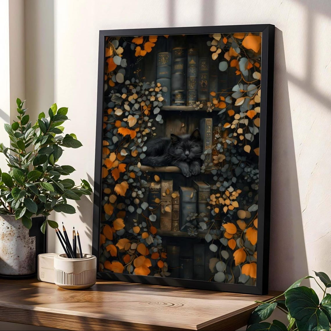Bookish Wall Art Black Cat Dark Academia Decor Moody Stack Books Print Victorian Decor Dark ...