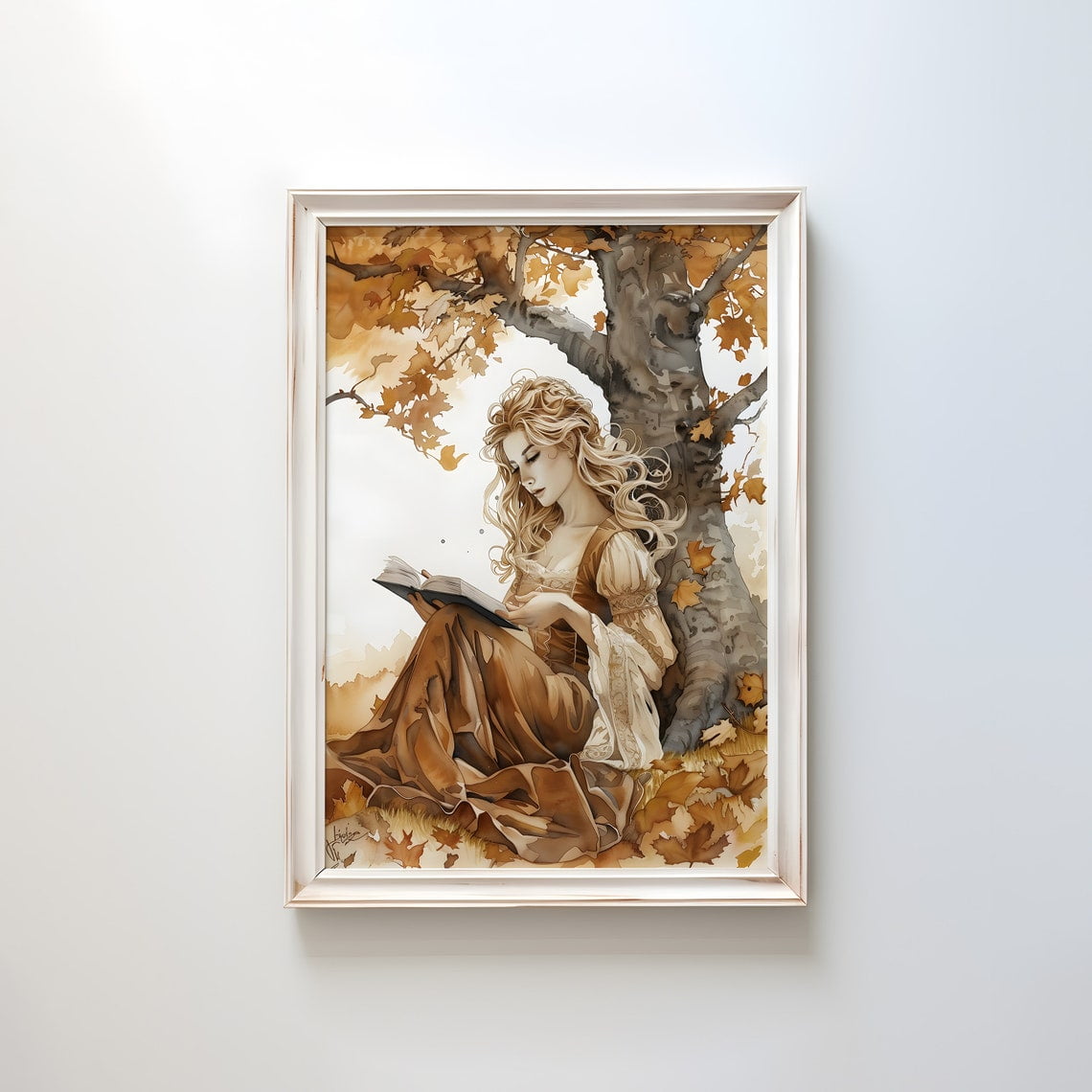 Bookish Woman By Autumn Tree Art Print, Cottagecore Reading Wall Art ...