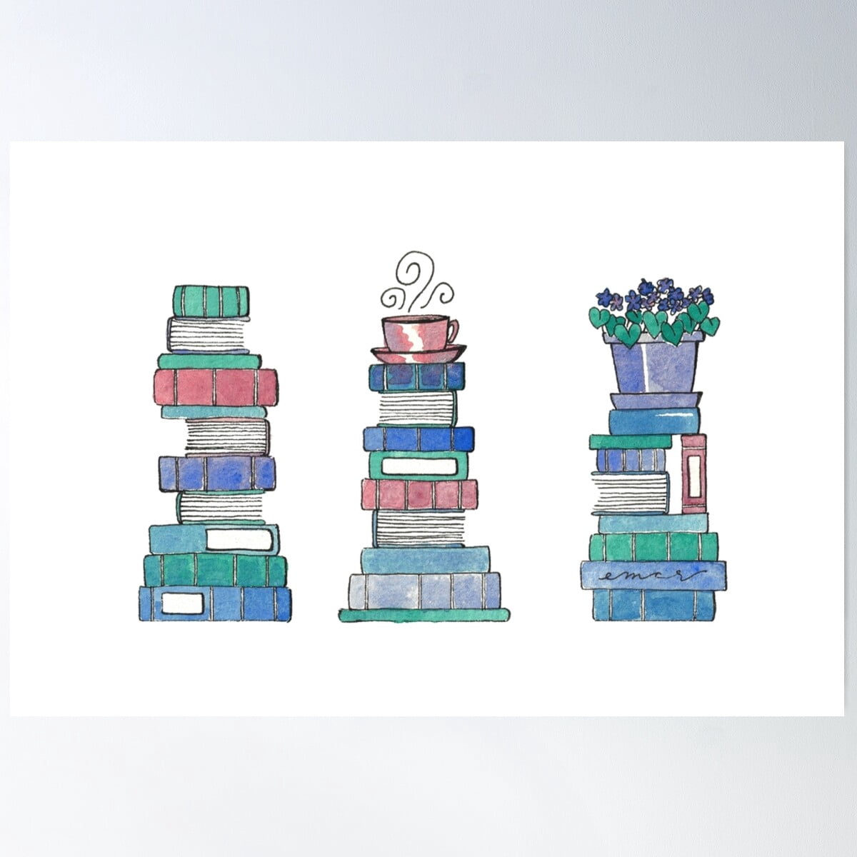 Books And African Violets Poster Wall Art, Modern Wall Decor For Living ...
